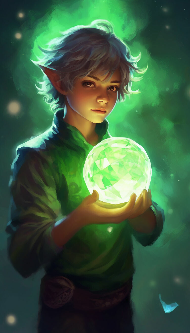 "⚡⚡Theme-Elven Magicians Beautiful elf boy with a glowing ball,dust, plume, diamond,green haze ...