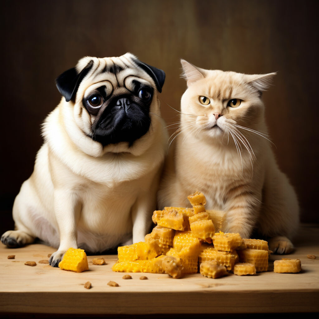 "A pug and a cat sit behind a …" — image created in Shedevrum
