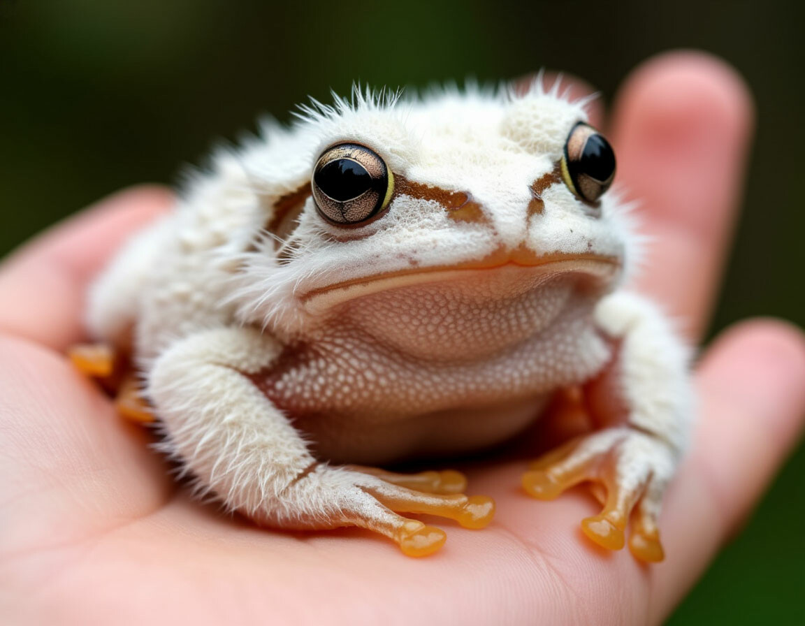 "Photo. A frog covered with thick fluffy white fur, warm and incredibly ...