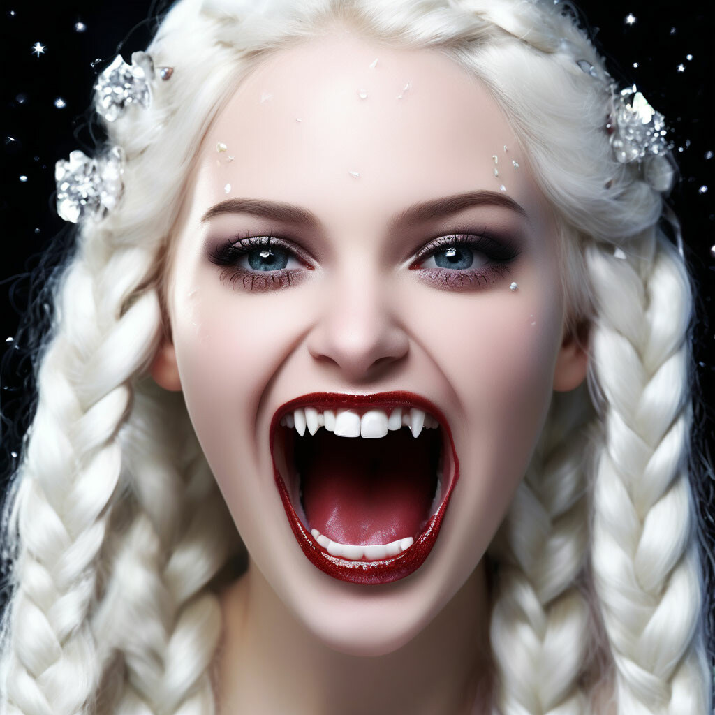 "The girl is a vampire. Vampire teeth…" — image created in Shedevrum