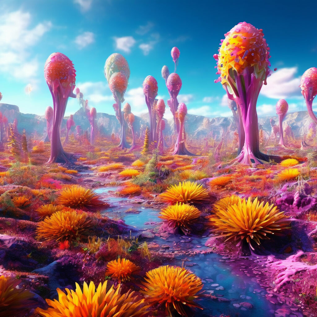 "Alien landscape, unusual plants, …" — image created in Shedevrum