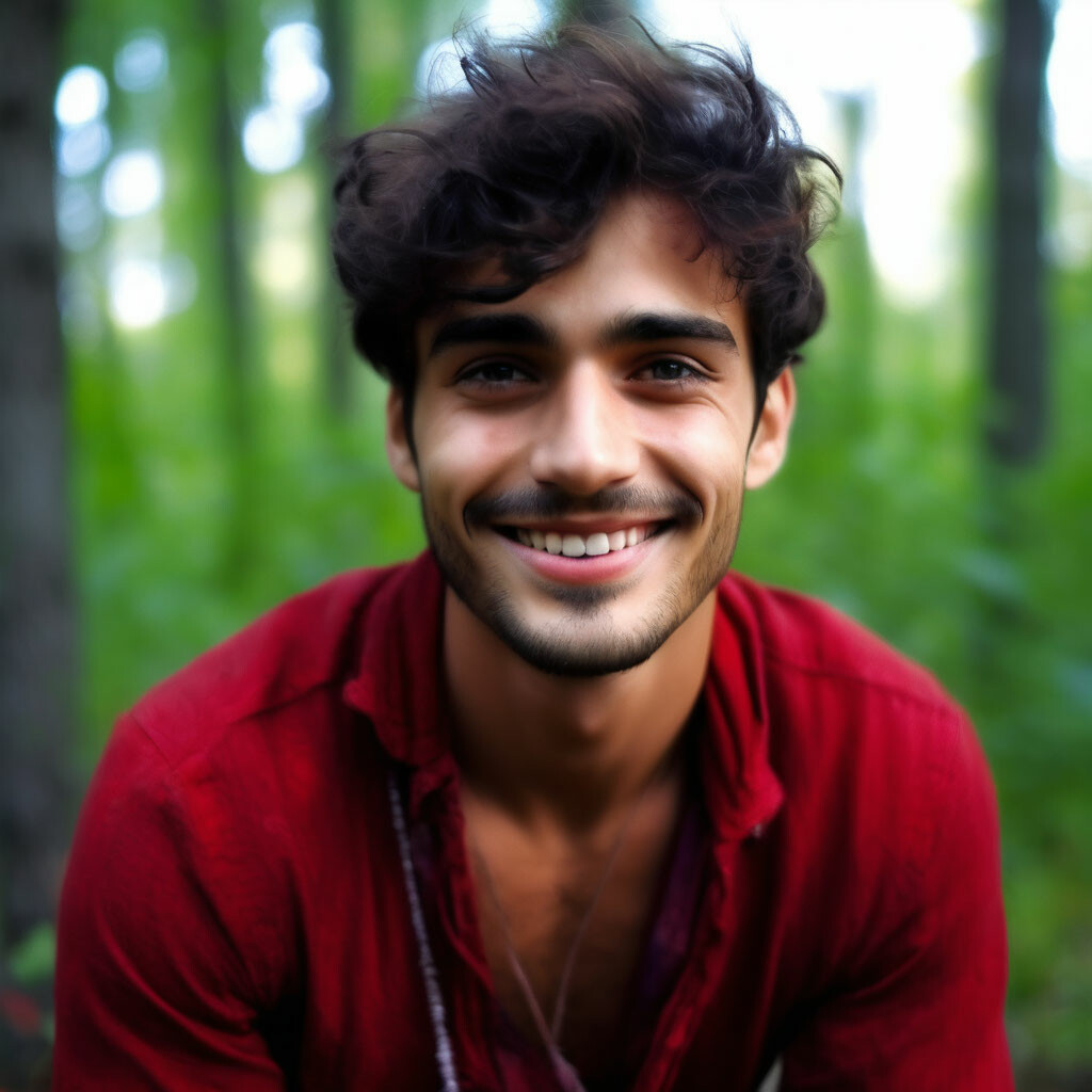 "A handsome gypsy guy in a red shirt, …" — image created in Shedevrum