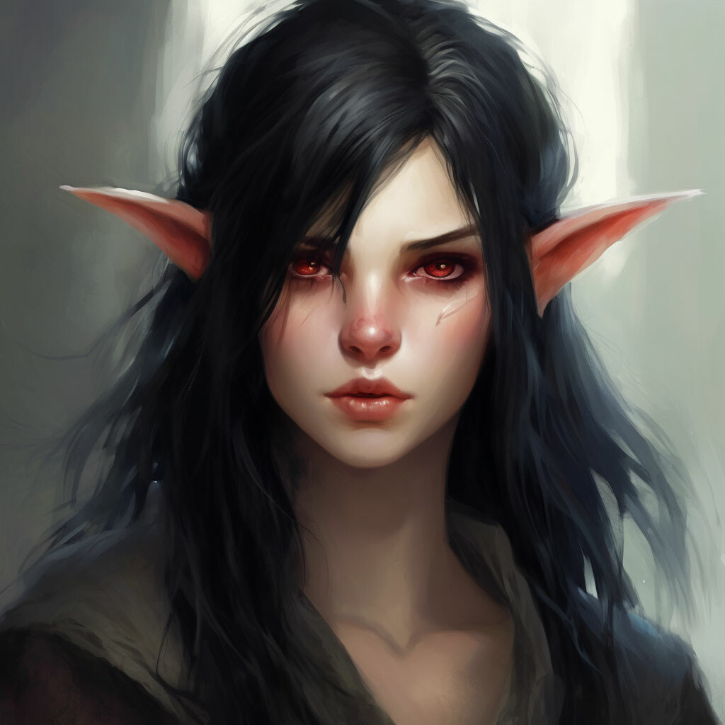 "An elf with black hair and red eyes" — image created in Shedevrum