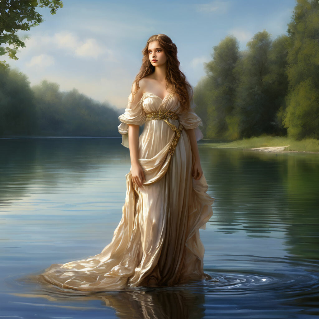 "A beautiful nymph on the shore of a …" — image created in Shedevrum