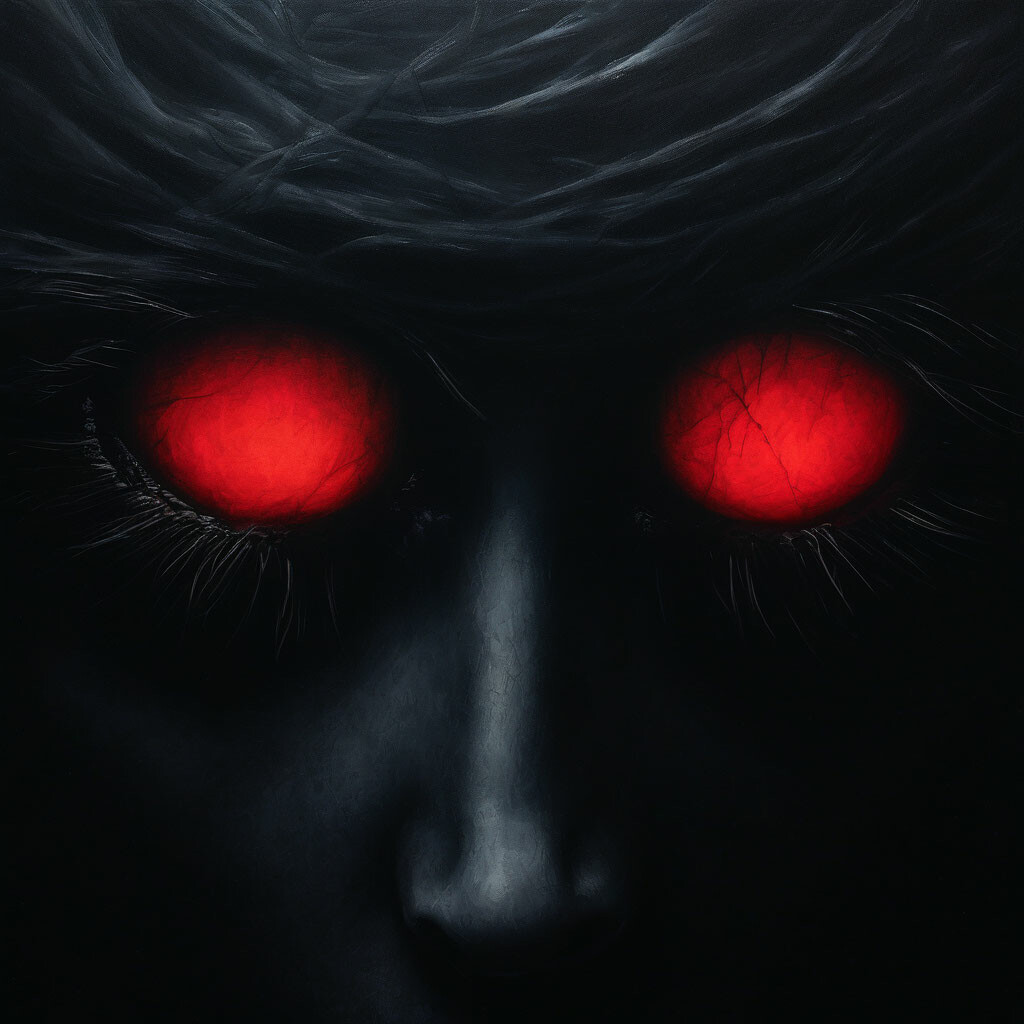 "Red eyes look down in the dark" — image created in Shedevrum