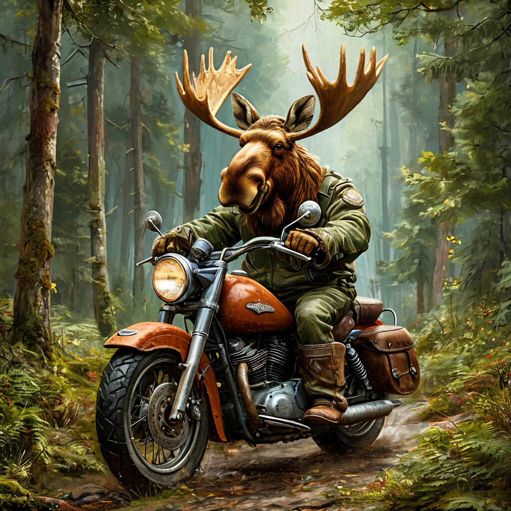 "Moose on a motorcycle in the forest" — image created in Shedevrum