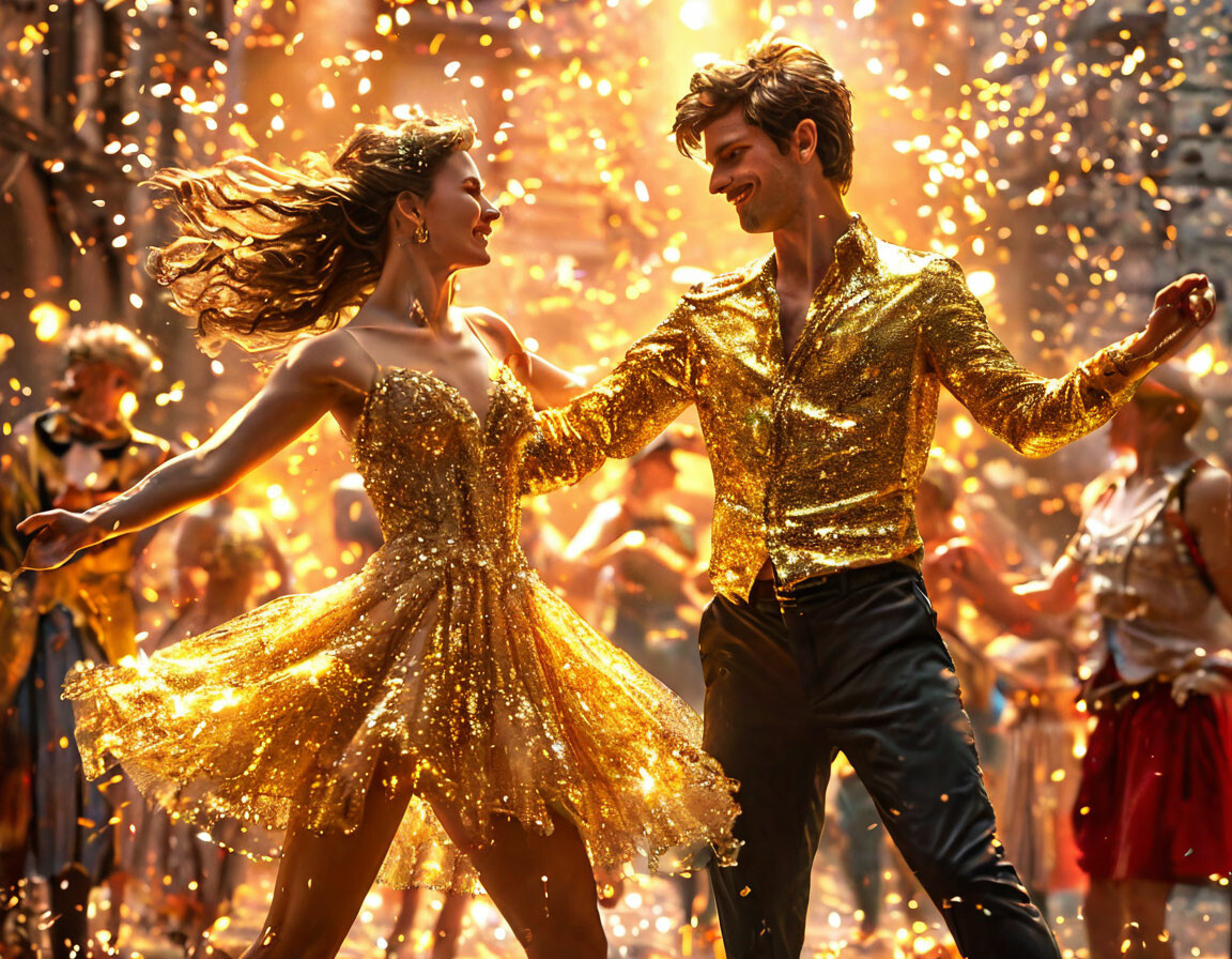 "A girl in a golden dress and a guy in a golden shirt are dancing a ...