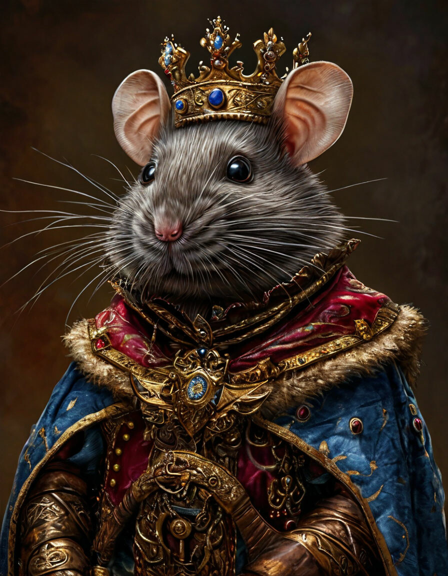 "A big handsome rat in medieval clothes, with a crown on his head ...