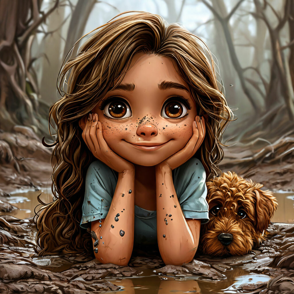 "Cartoon girl, hands propping up her cheeks, lying on her stomach in ...