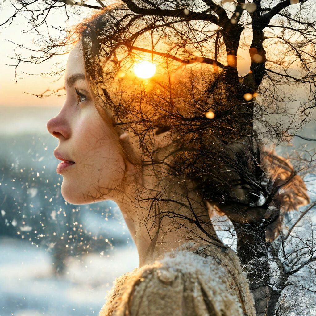 "Layering, double exposure met summer and winter" — image created in Shedevrum