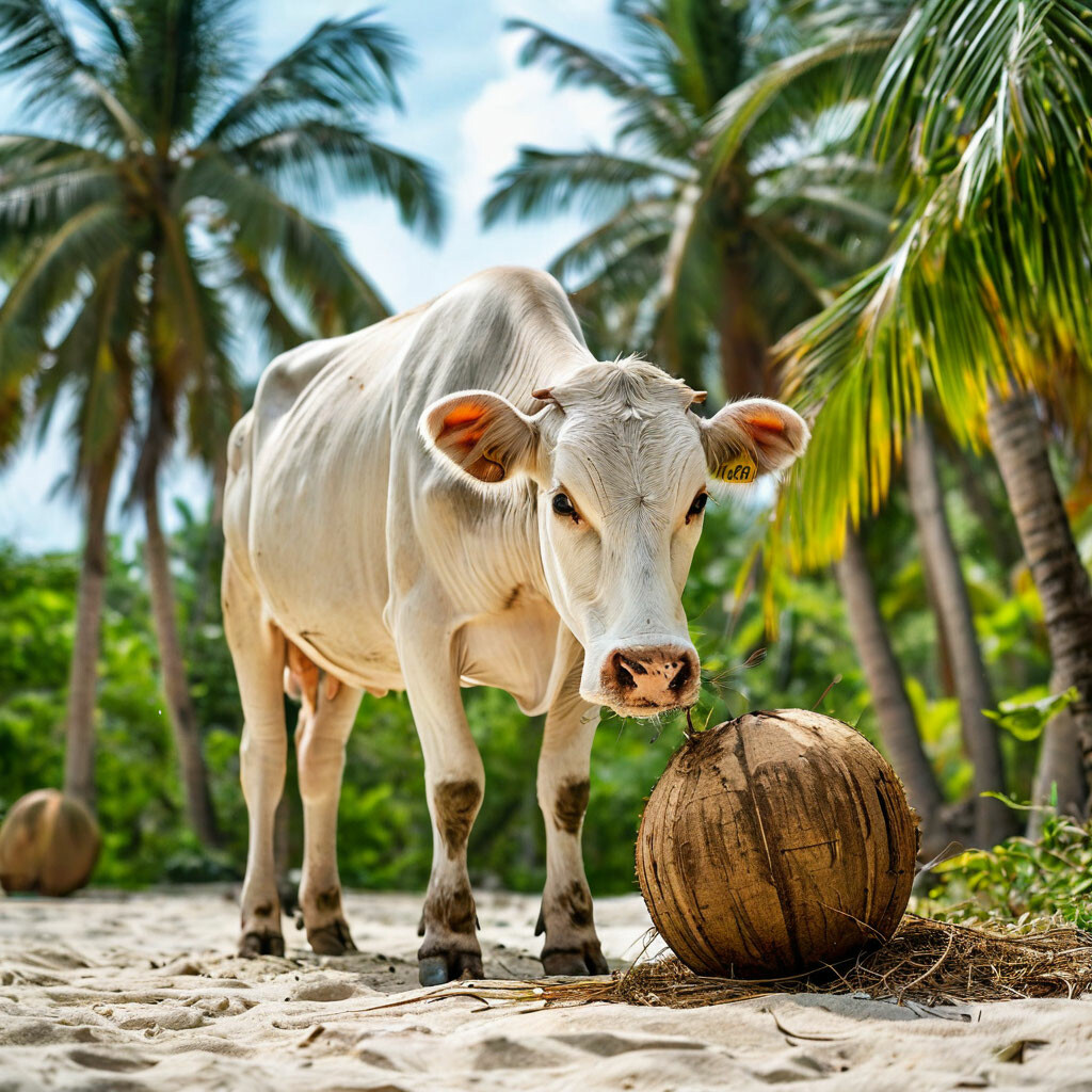 "A cow in the Maldives among palm trees drinks from a coconut" — image ...