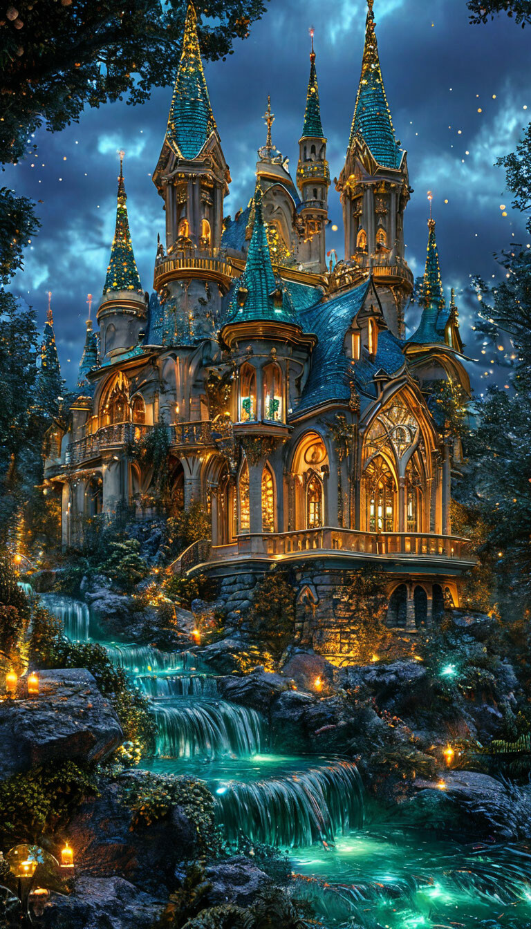 "Night fairy tale magic castle luminous fiber optic with ...
