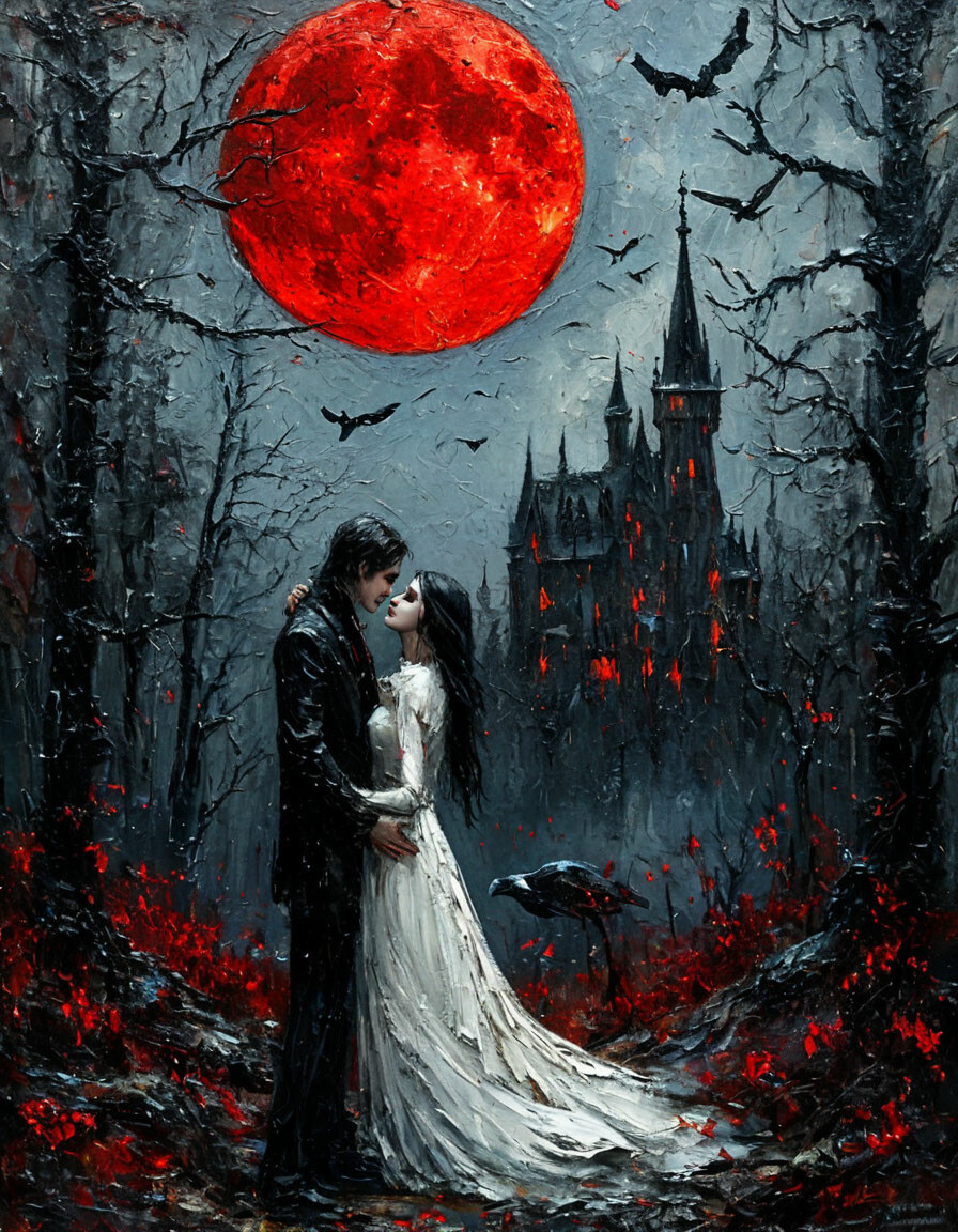 "Dracula. Bram Stoker. impressionism, forest, red moon, black trees ...