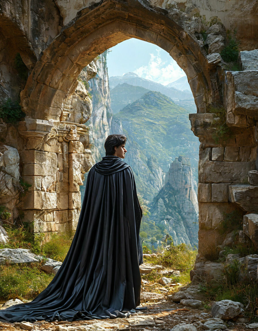 "A handsome man in a long black cloak…" — image created in Shedevrum