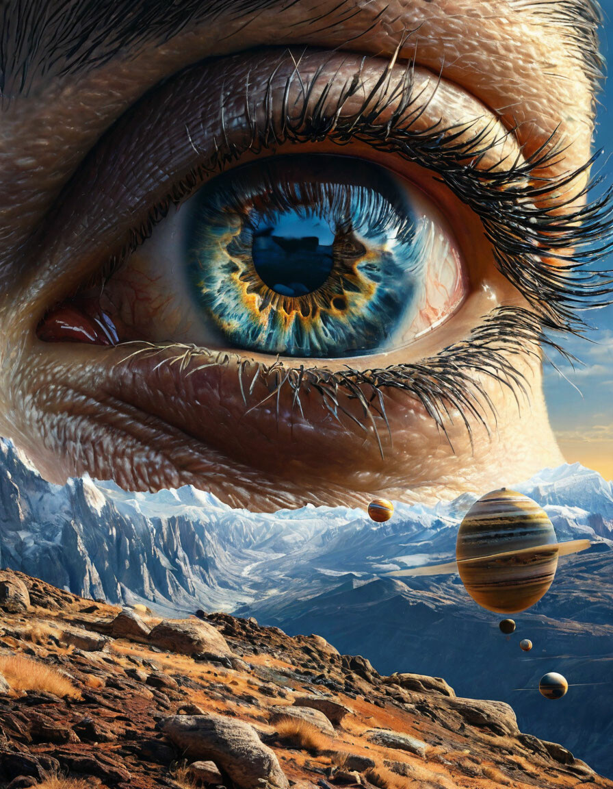 "A huge eye rises over the planet …" — image created in Shedevrum