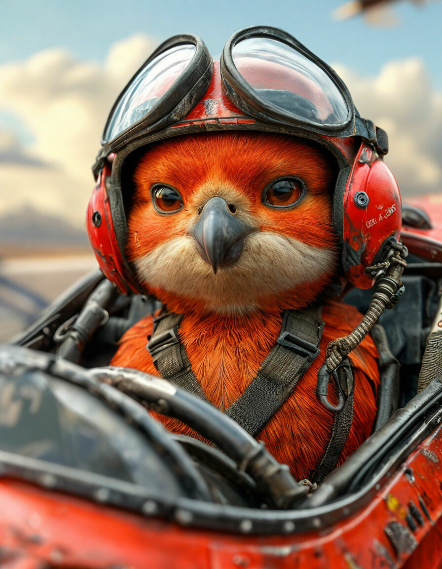 "Bird driving a fighter jet in a red …" — image created in Shedevrum