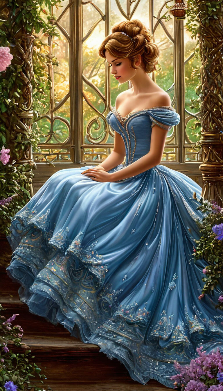 "Fairytale, Cinderella is sitting in a heavenly long dress. ladder ...