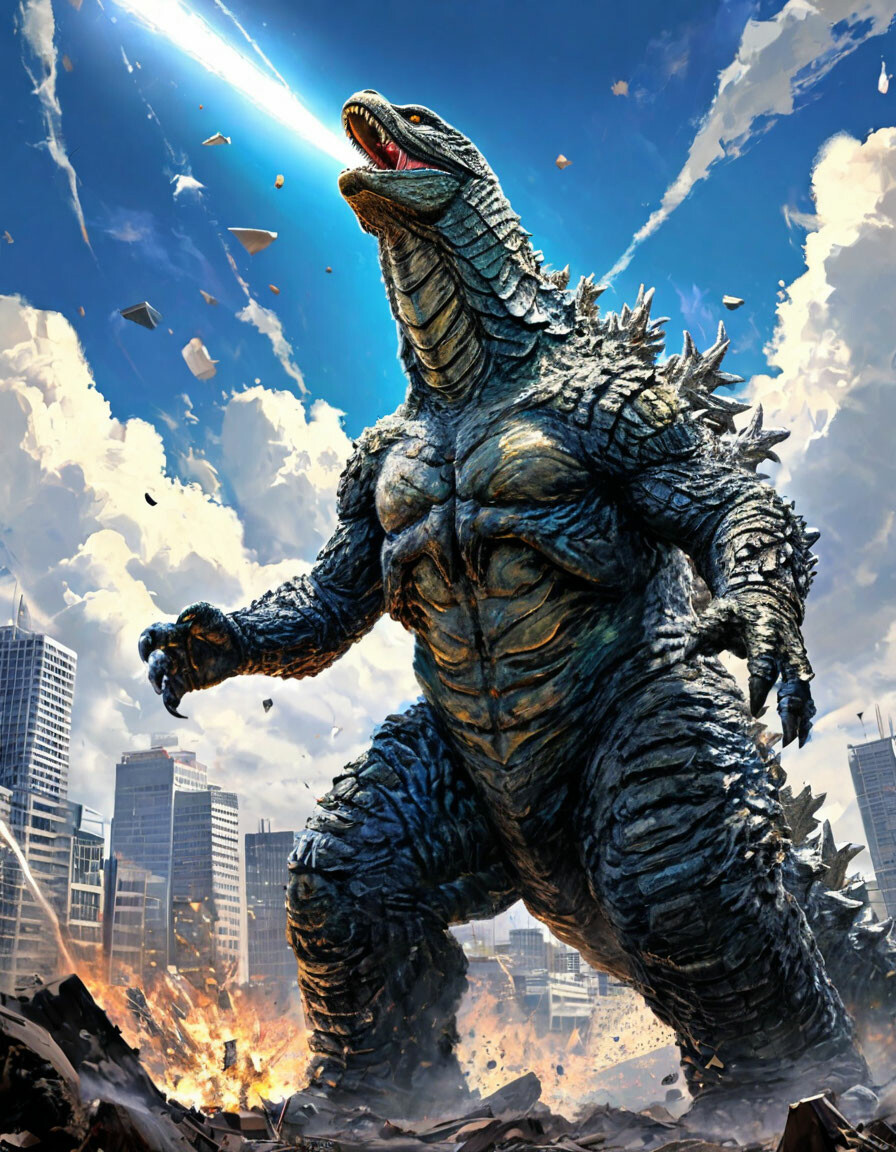 "Godzilla in full growth against the …" — image created in Shedevrum
