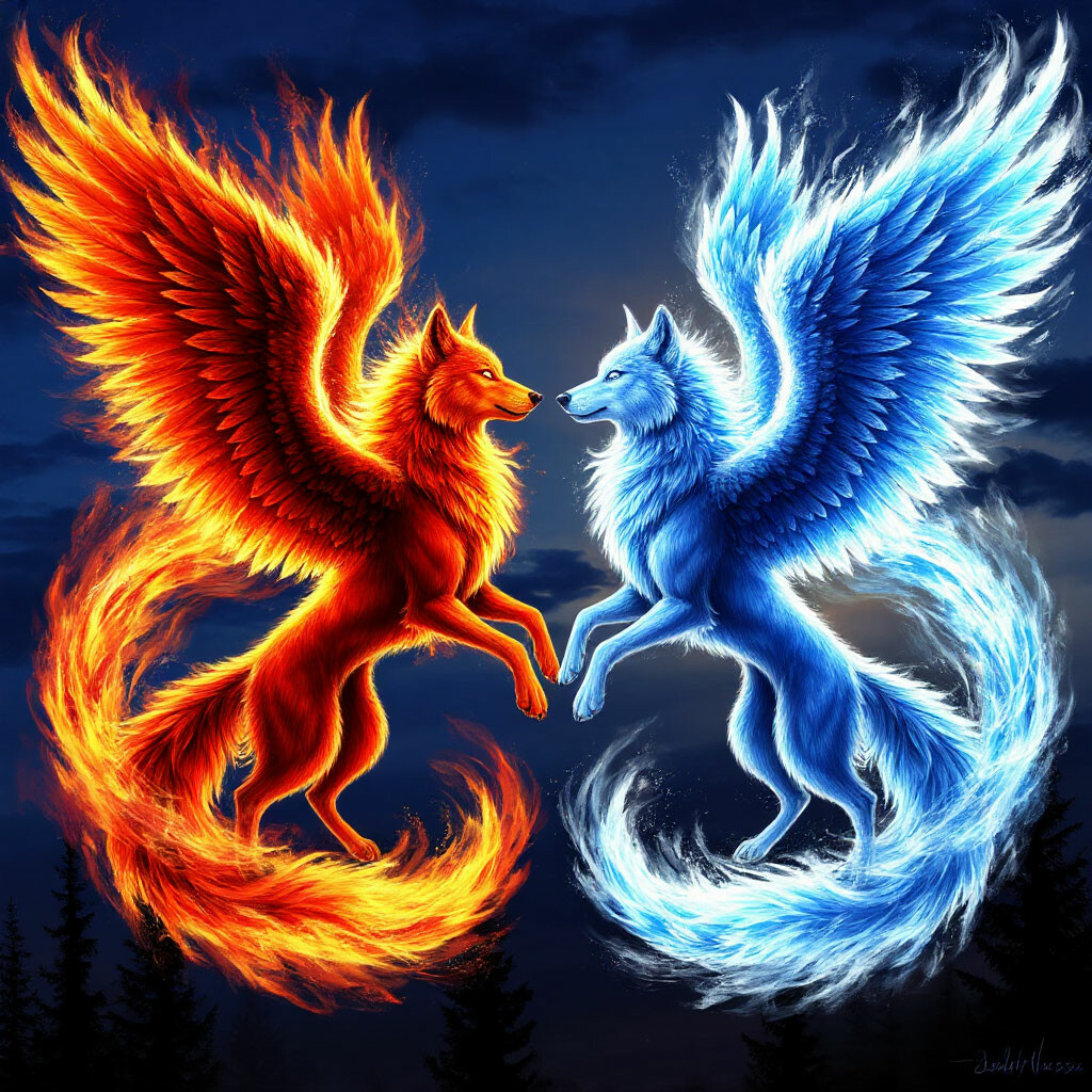 "Winged wolves of fire and ice are circling in the sky" — image created ...