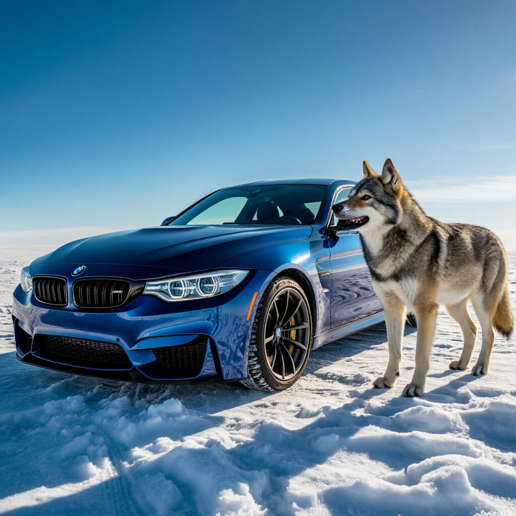 "BMW M4 in Antarctica next to a wolf cartoon picture" — image created ...