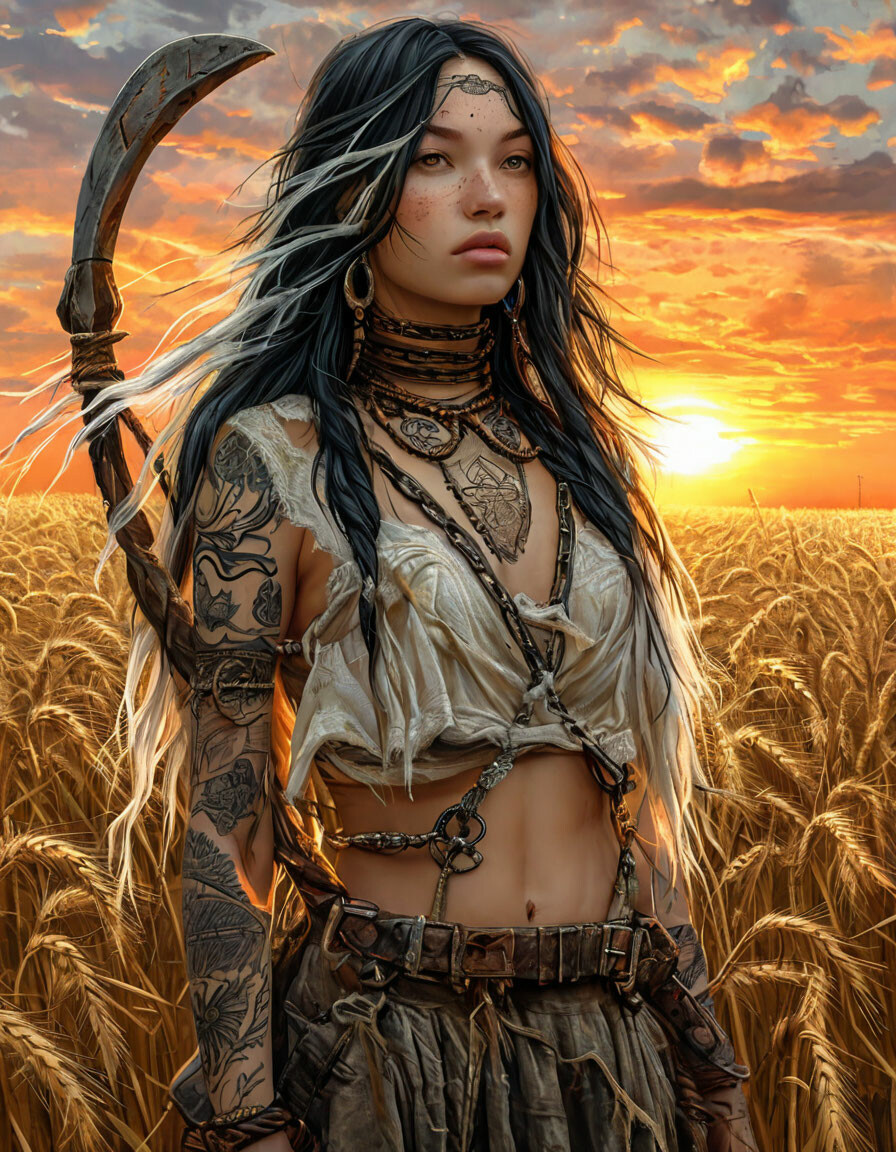 "A girl with long black hair and white strands. She is dressed in a ...