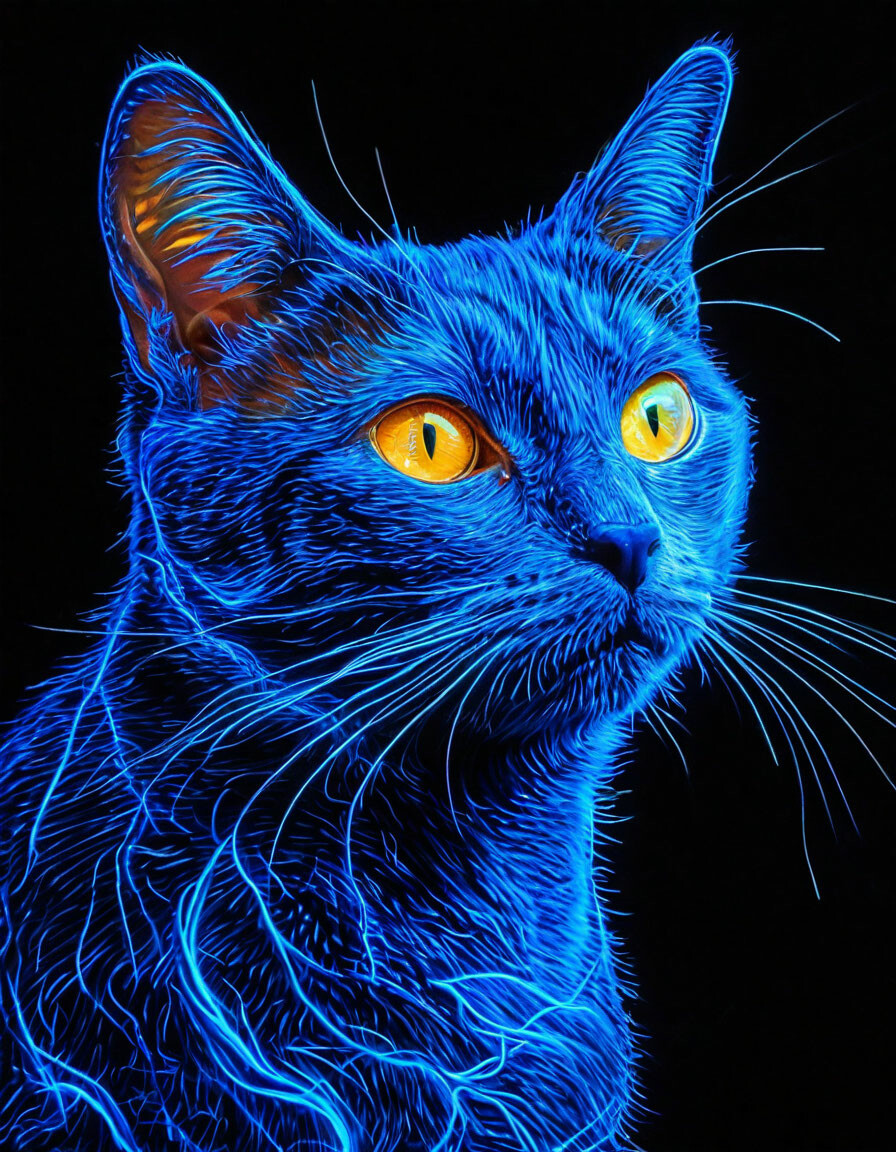 "In a fluorescent glow, the appearance of a cat is painted with ...