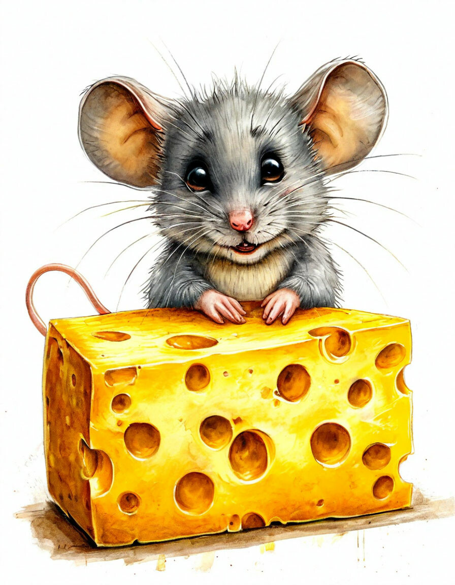 "Funny illustration watercolor cute cartoon fat gray mouse poked into a ...