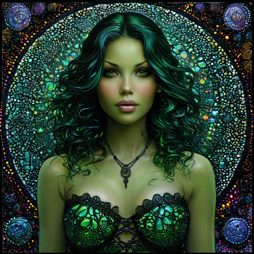 "Green girl with a very large bust in a black soap bubble glow inside, combination,lace,colored ...