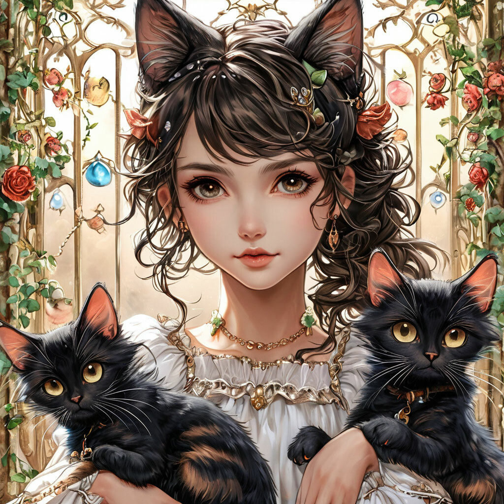"Beautiful anime magical girl with cats" — image created in Shedevrum