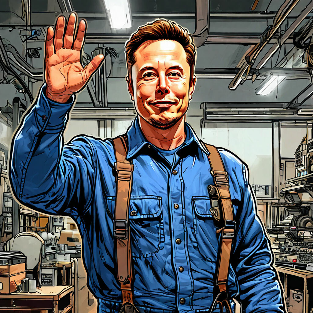 "Elon Musk in production overalls and a blue vest, smiling and waving ...