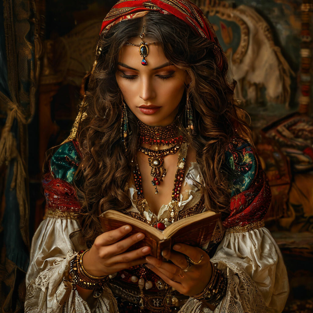 "A beautiful gypsy woman, reading the lady's hand" — image created in ...