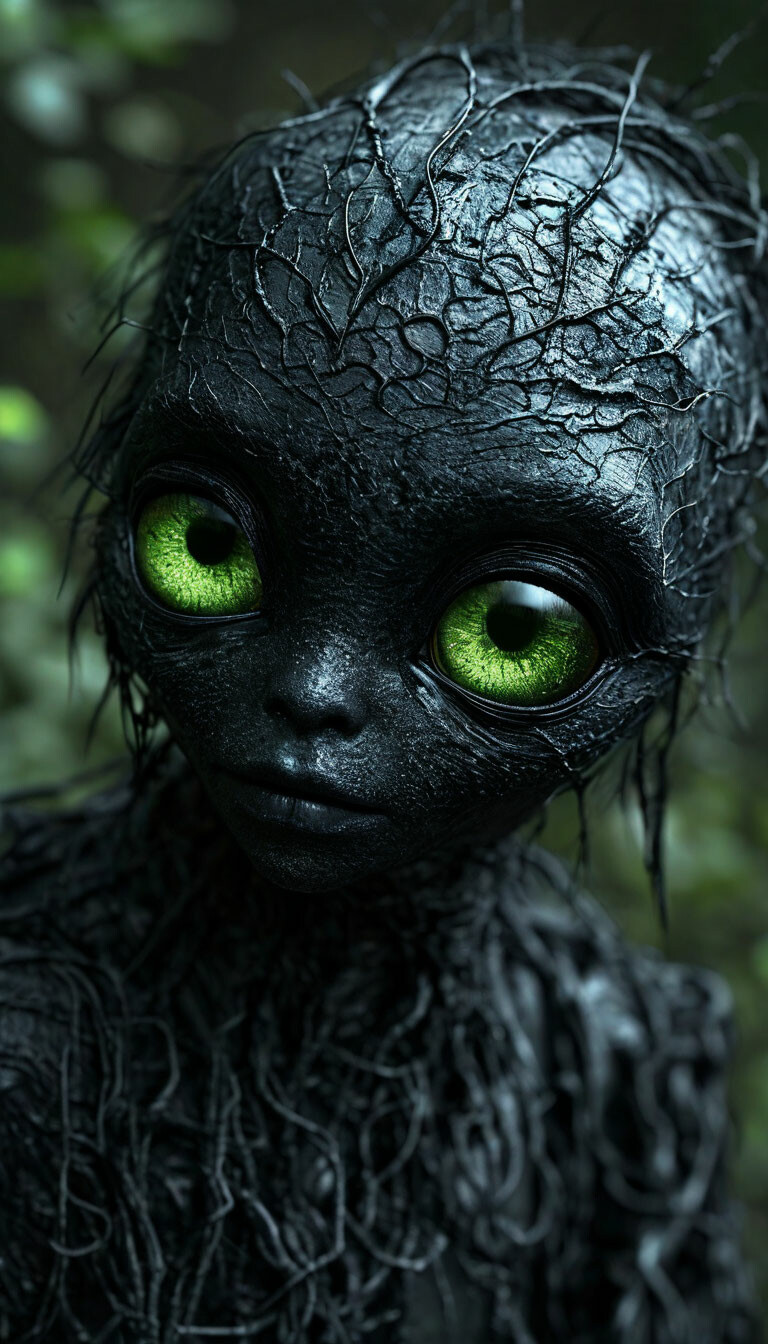 "The three-dimensional creature is black,without a nose, without a ...