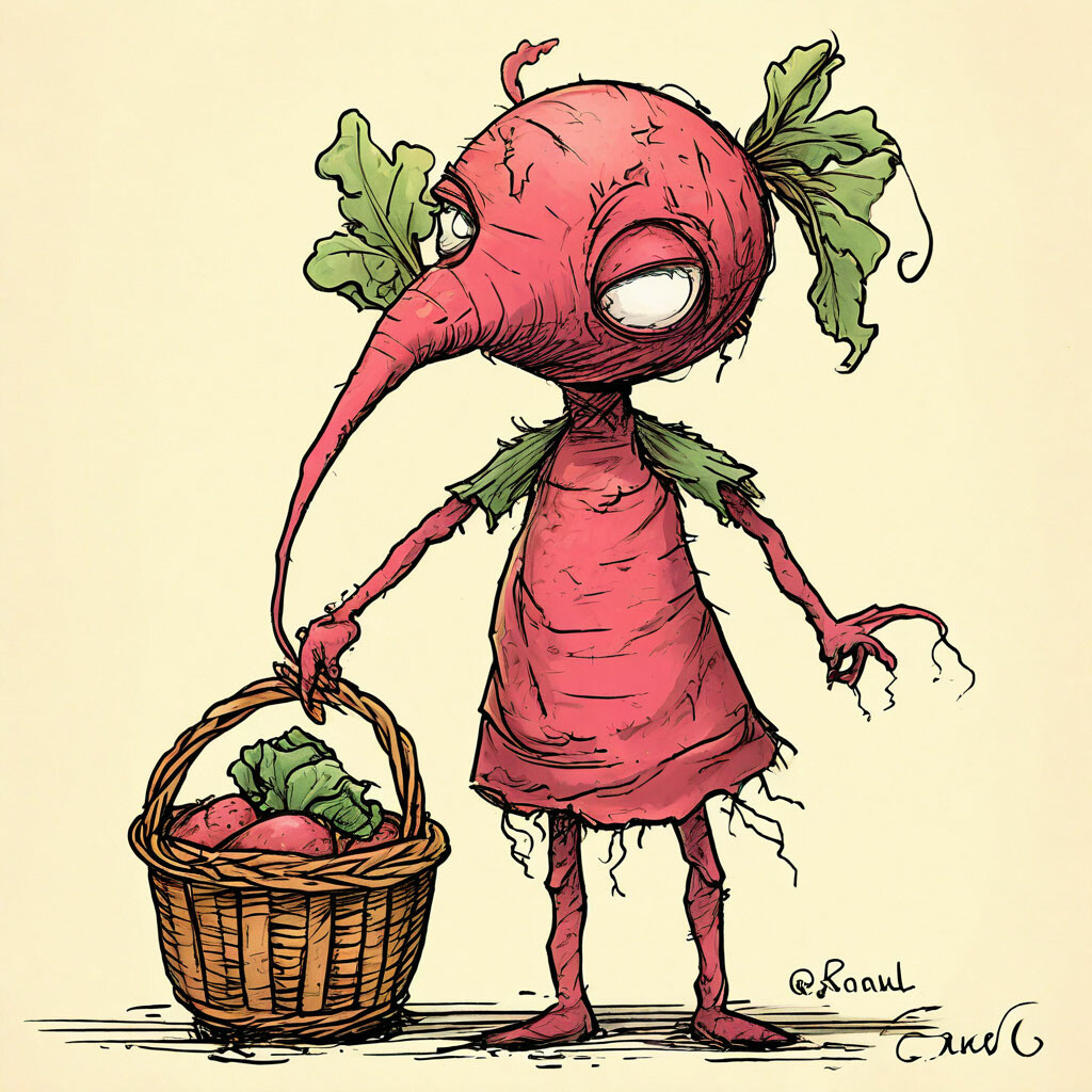 "In the style of Brian Cook (Butts on Things), cartoon Ravanella radish ...