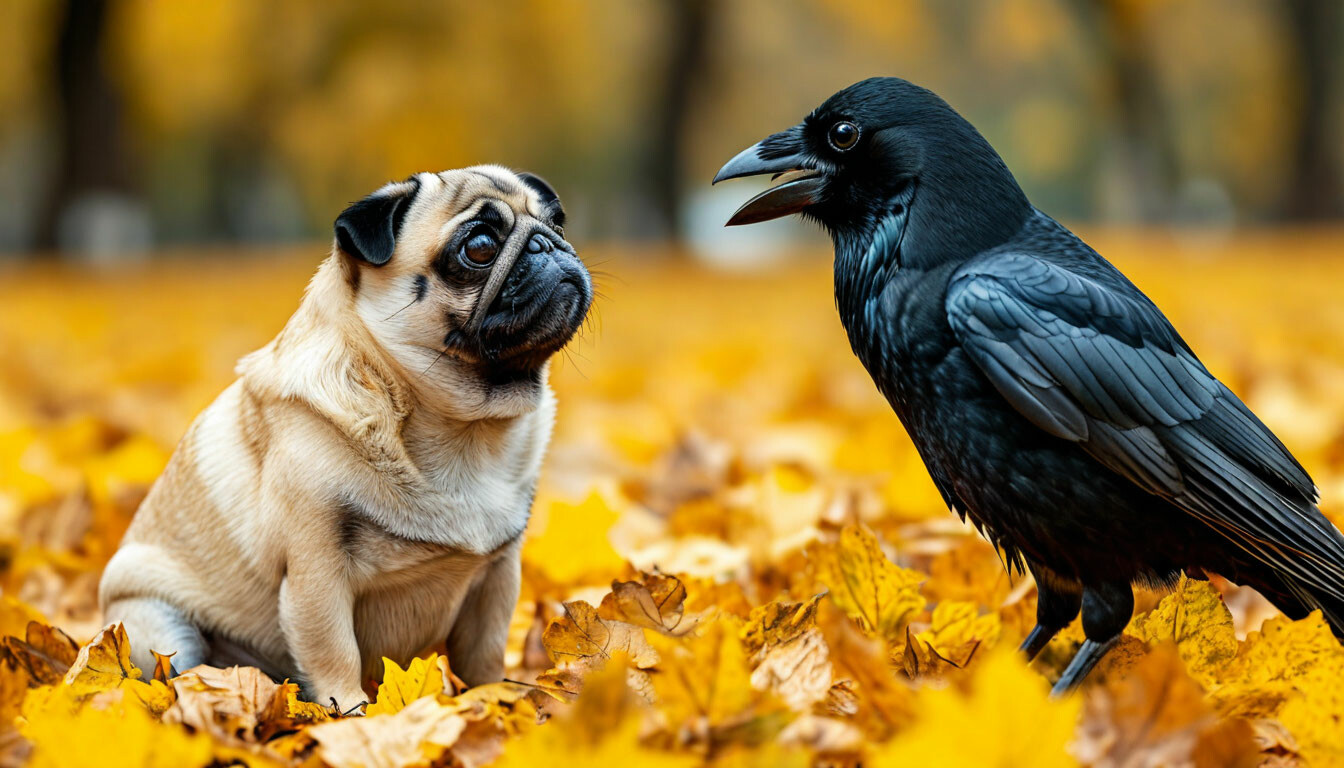 "A funny pug crouches down and barks …" — image created in Shedevrum