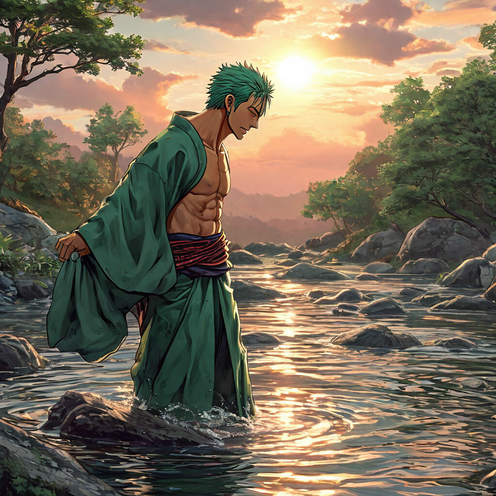 "Roronoa Zoro washes in the river at dawn, throwing a green kimono on a ...