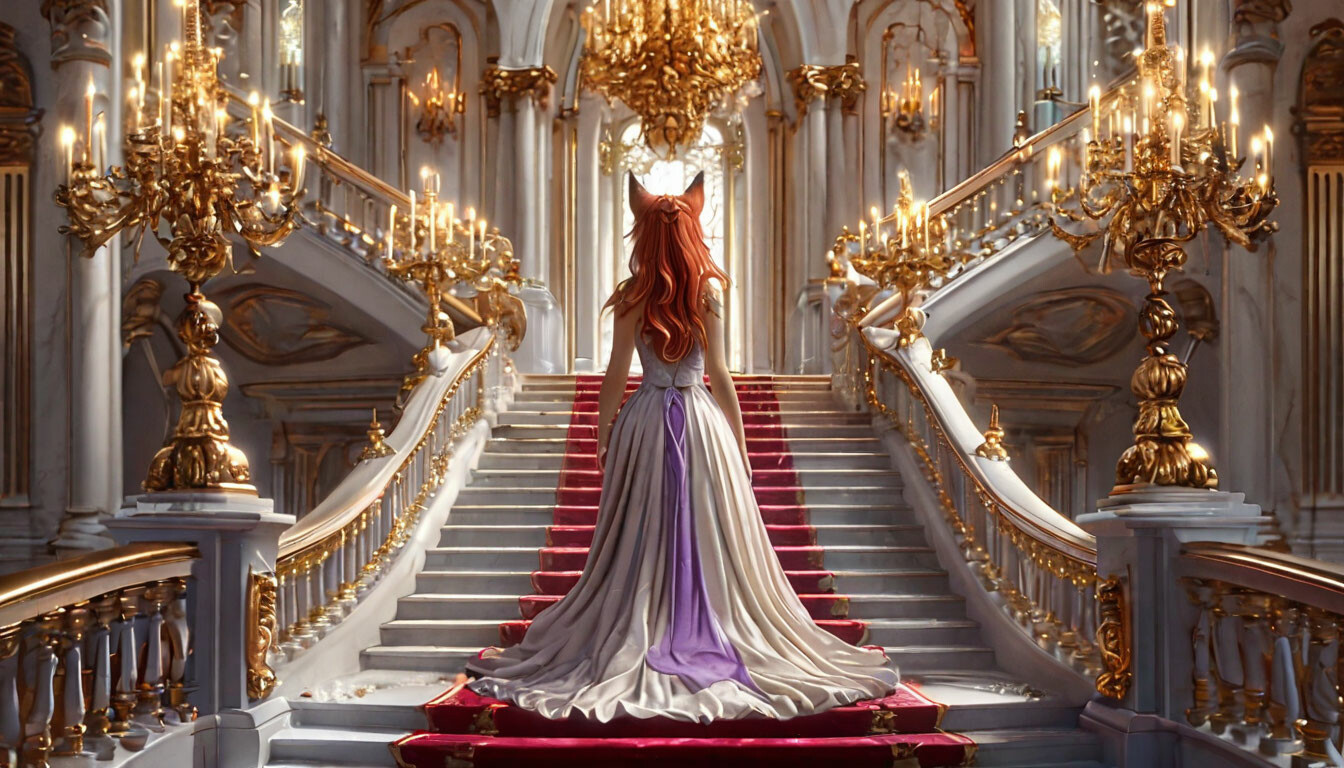 "Drawing, a furry fox girl stands in a white stone castle with golden ...