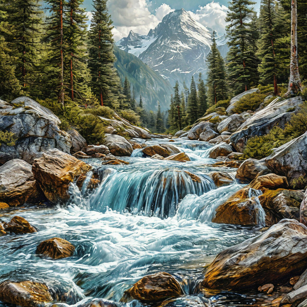 "A bubbling mountain river rushing …" — image created in Shedevrum