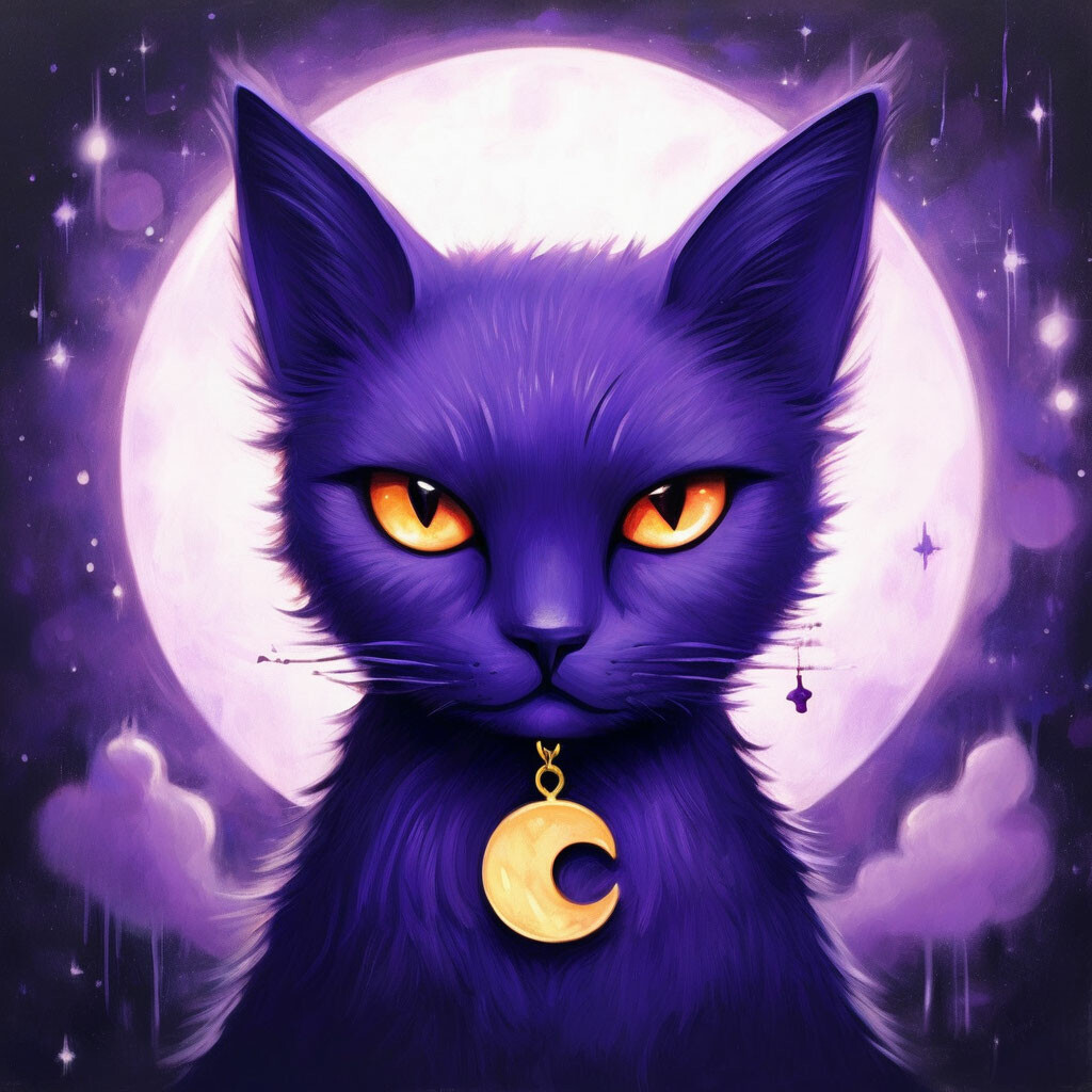 "Draw a purple cat with a moon pendant and no eyes" — image created in ...