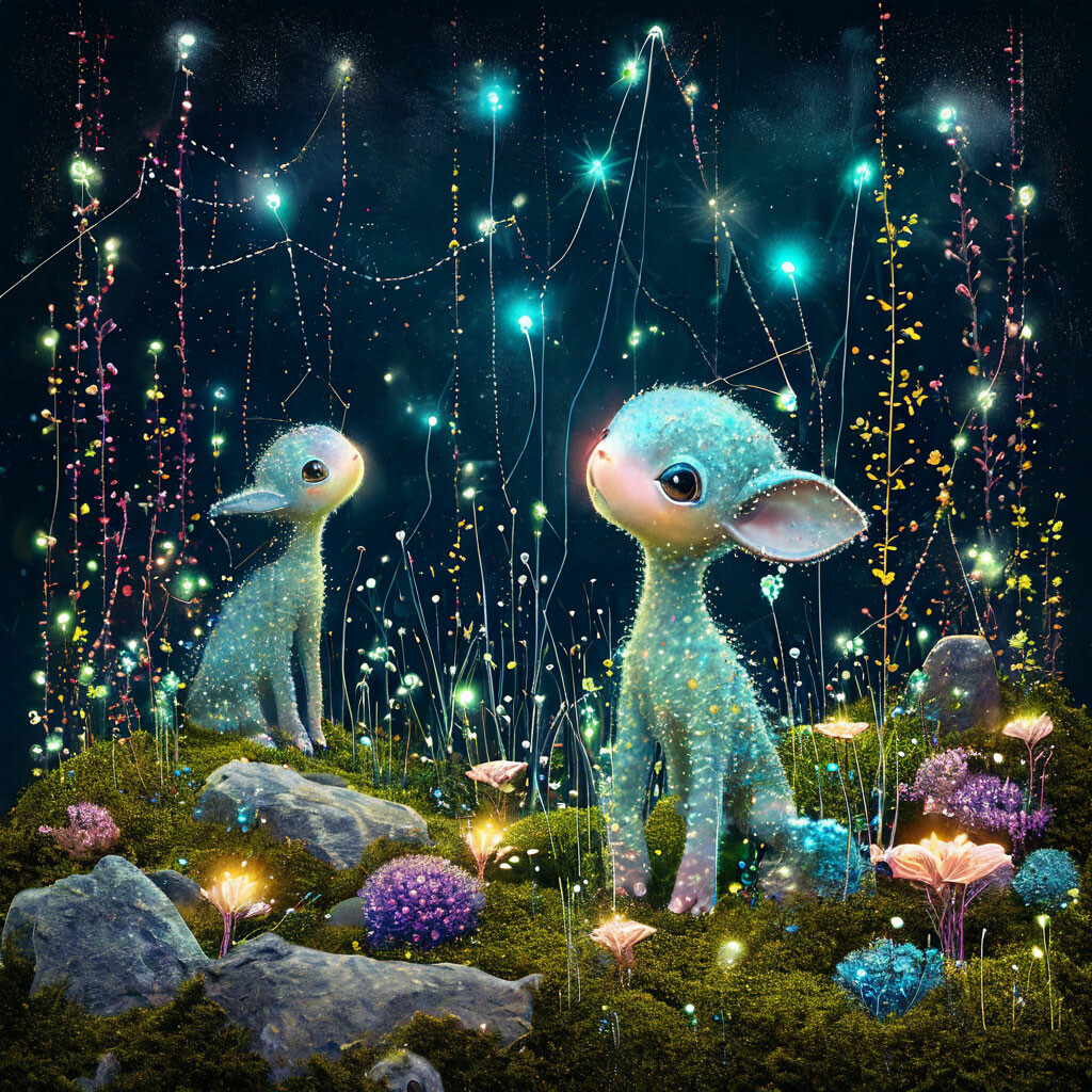 "A constellation of lines +drawing with light, cute creatures glowing ...
