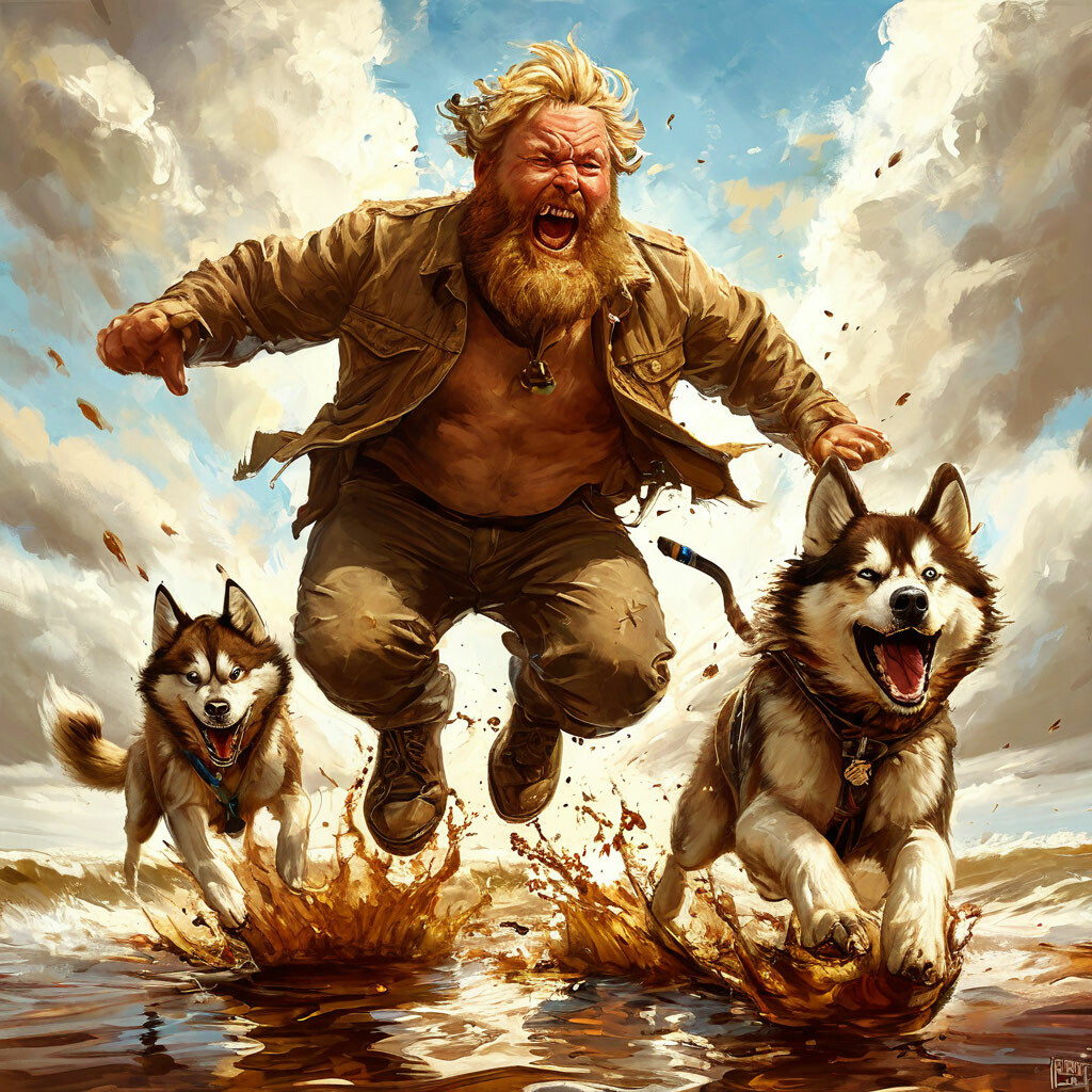 "The man is fat, blond, with a beard, fat and with a husky dog jumping ...