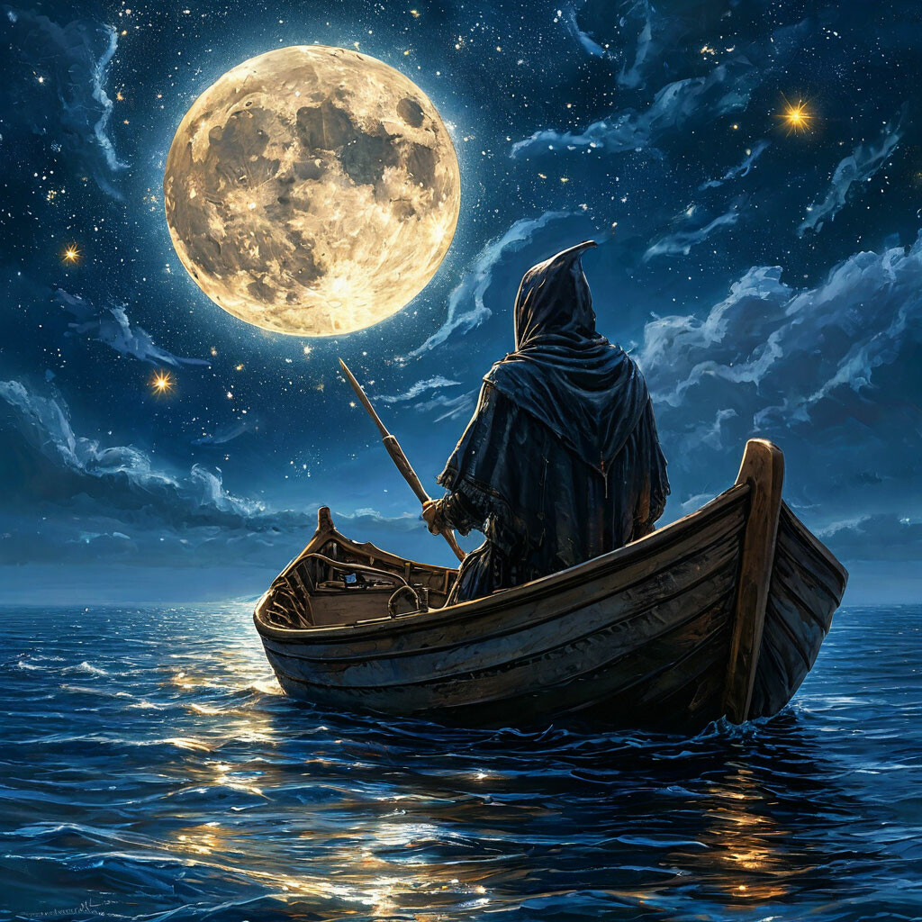 "The dark magician is sailing alone in a boat. The bright moon is ...