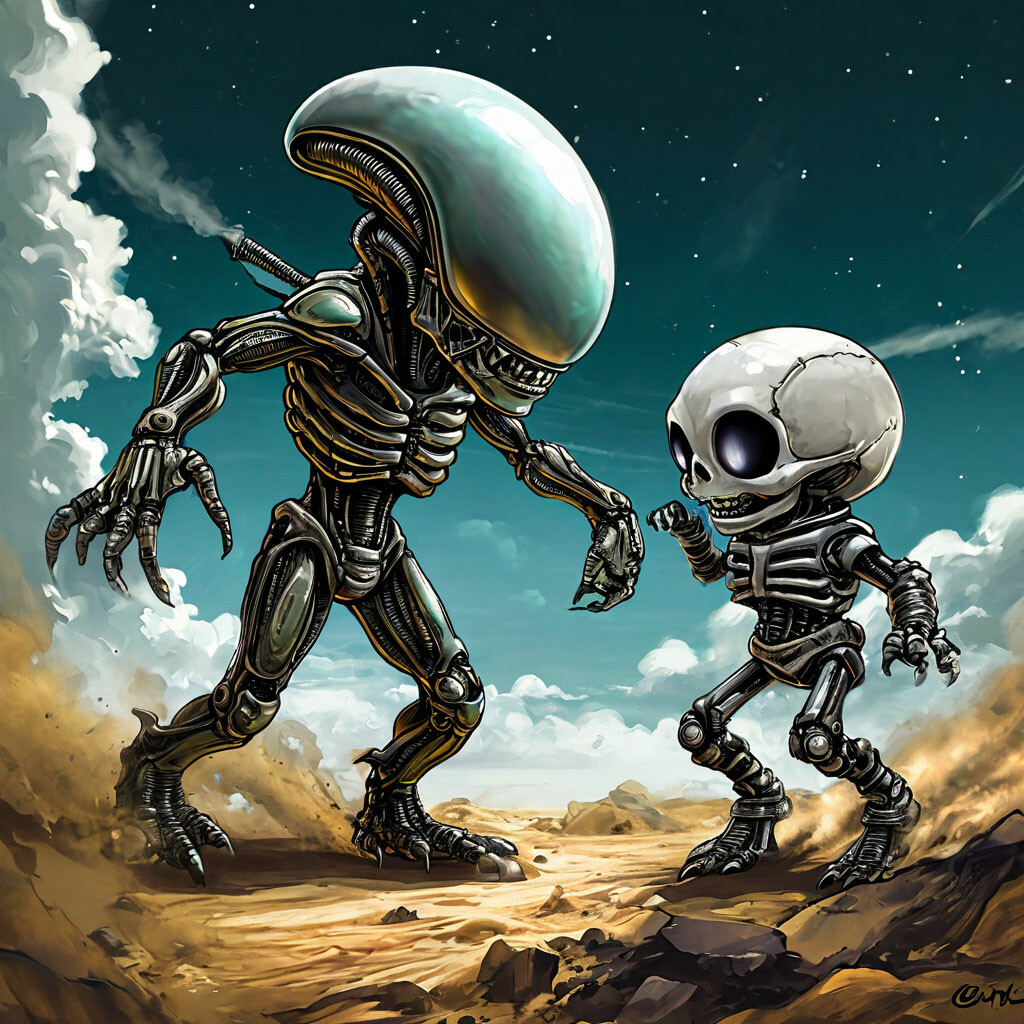 "The alien is fighting with Sans" — image created in Shedevrum