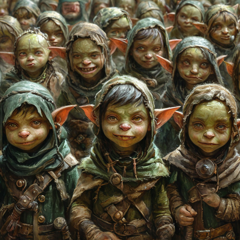 "A crowd of goblin children Evil toothy Green eared child Monster ...