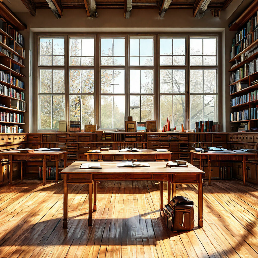 "Draw an ordinary school classroom with three desks. On the first desk ...