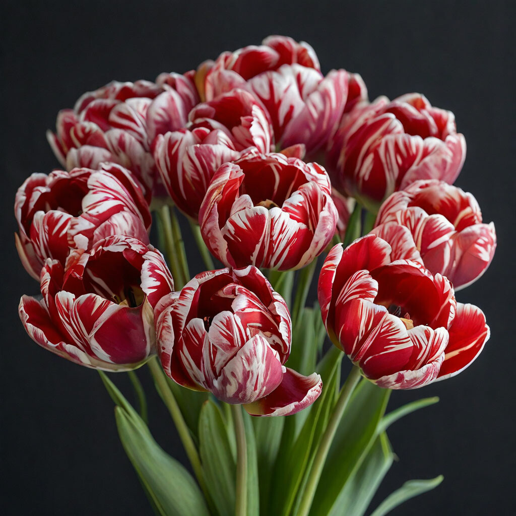 "A bouquet of 11 peony-shaped maroon tulips with white stripes" — image ...