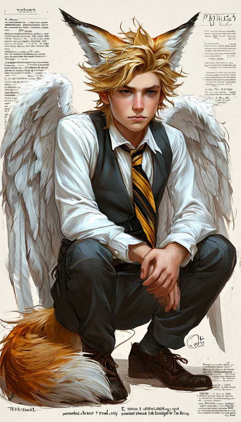 "Wings behind his back, Victorian …" — image created in Shedevrum