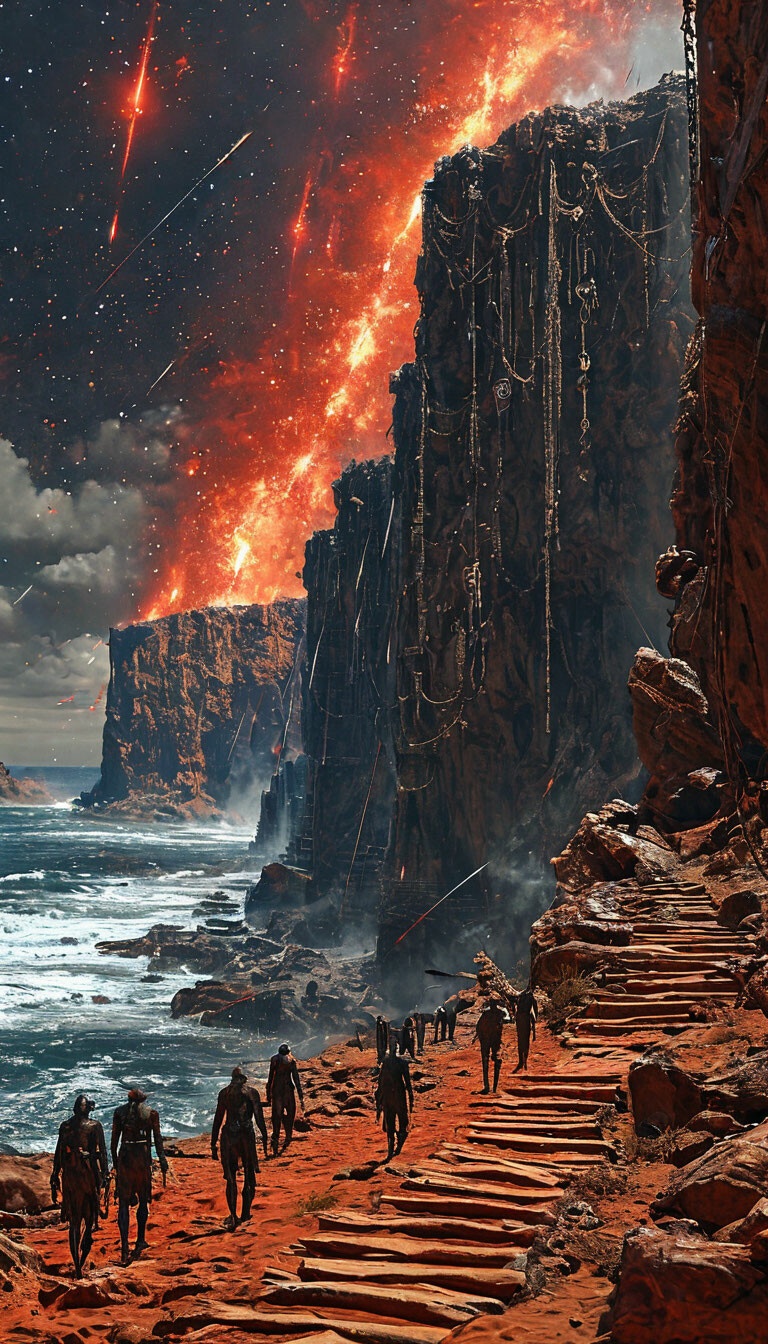 "🦇 Giant burning red comets in the starry sky. Meteor shower. The ...