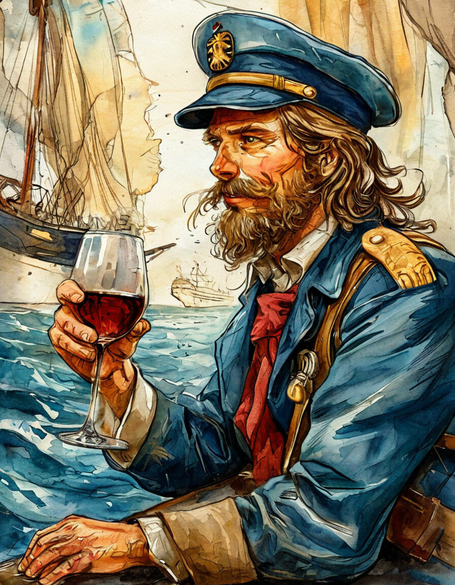 "Captains drink wine, The ships are …" — image created in Shedevrum