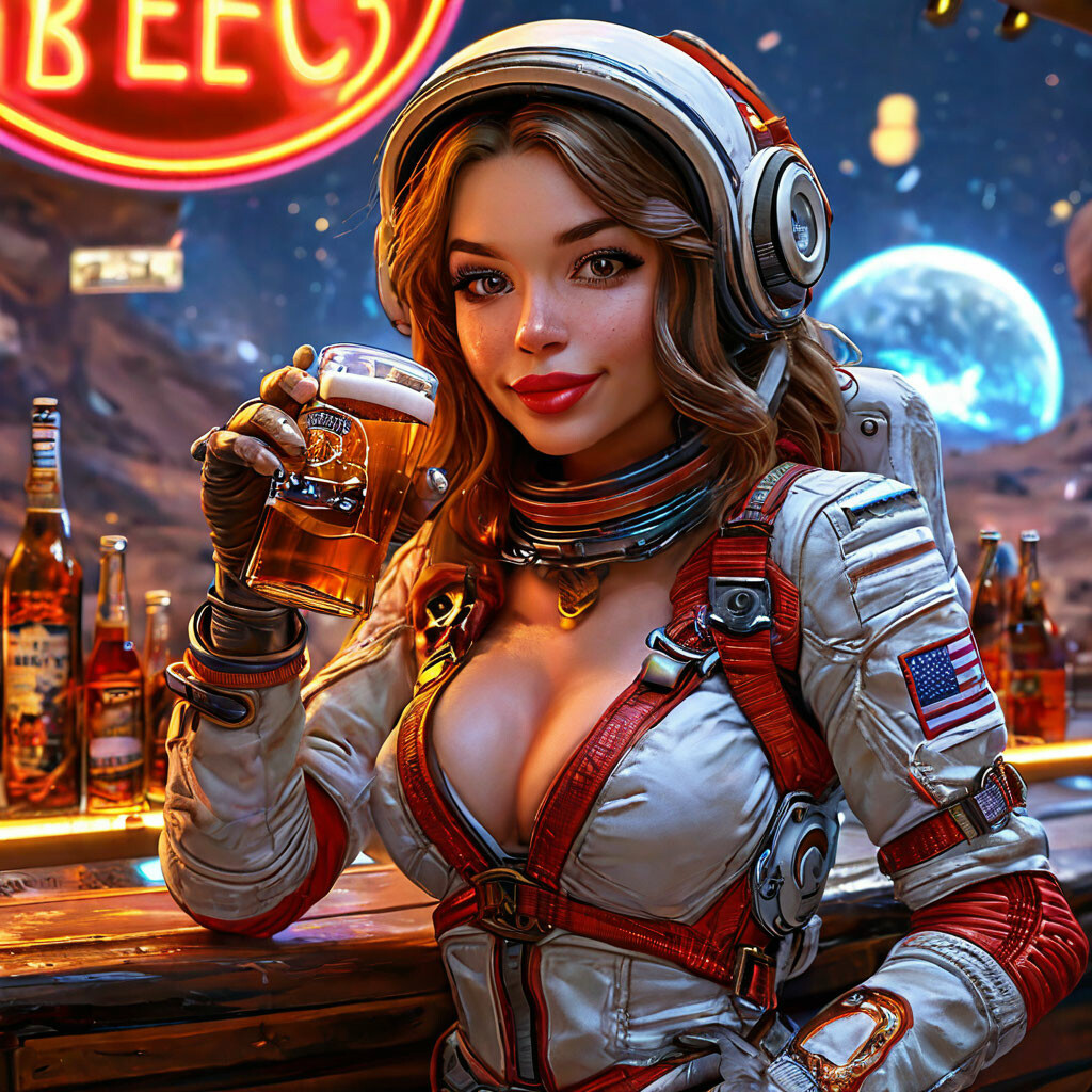 "The astronaut girl drinks beer. Space…" — image created in Shedevrum