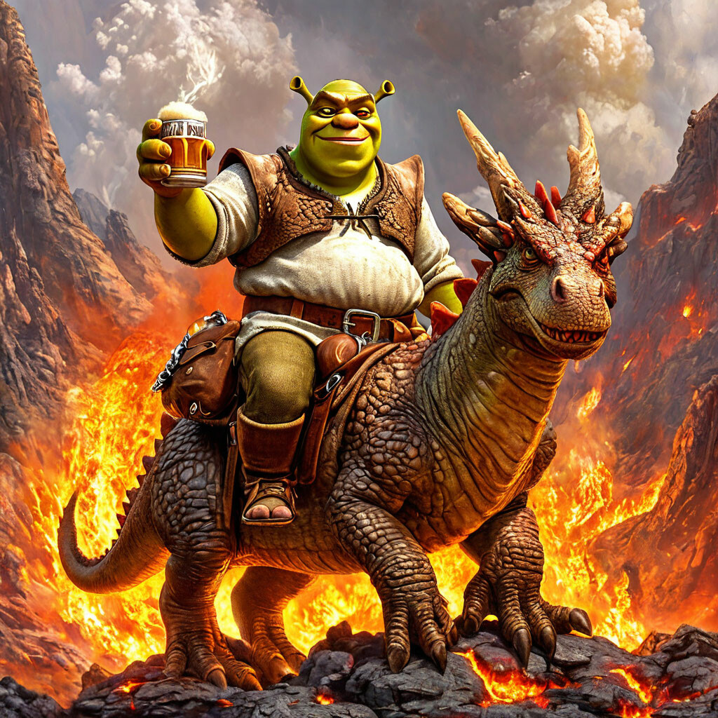 "Shrek drinks beer riding a dragon on …" — image created in Shedevrum